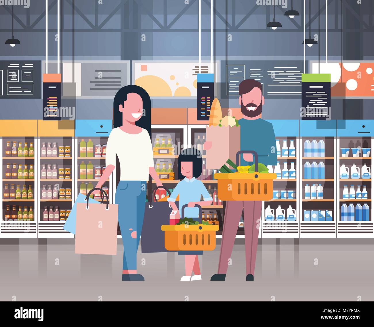 Parents With Daughter Shopping At Supermarket Buying Fresh Grocery ...