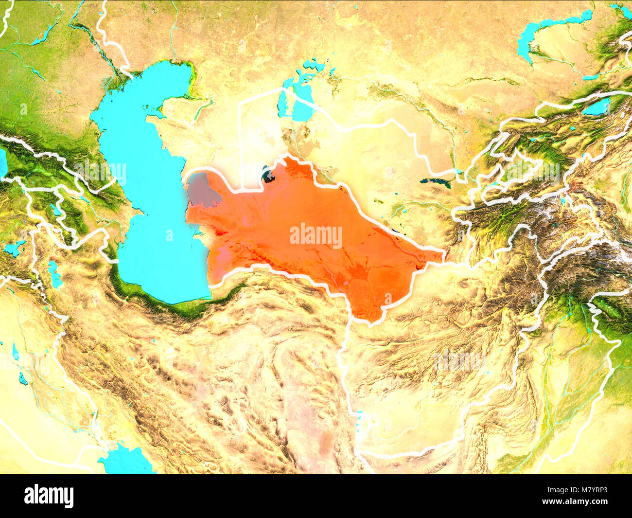 Turkmenistan highlighted in red from Earth’s orbit. 3D illustration ...