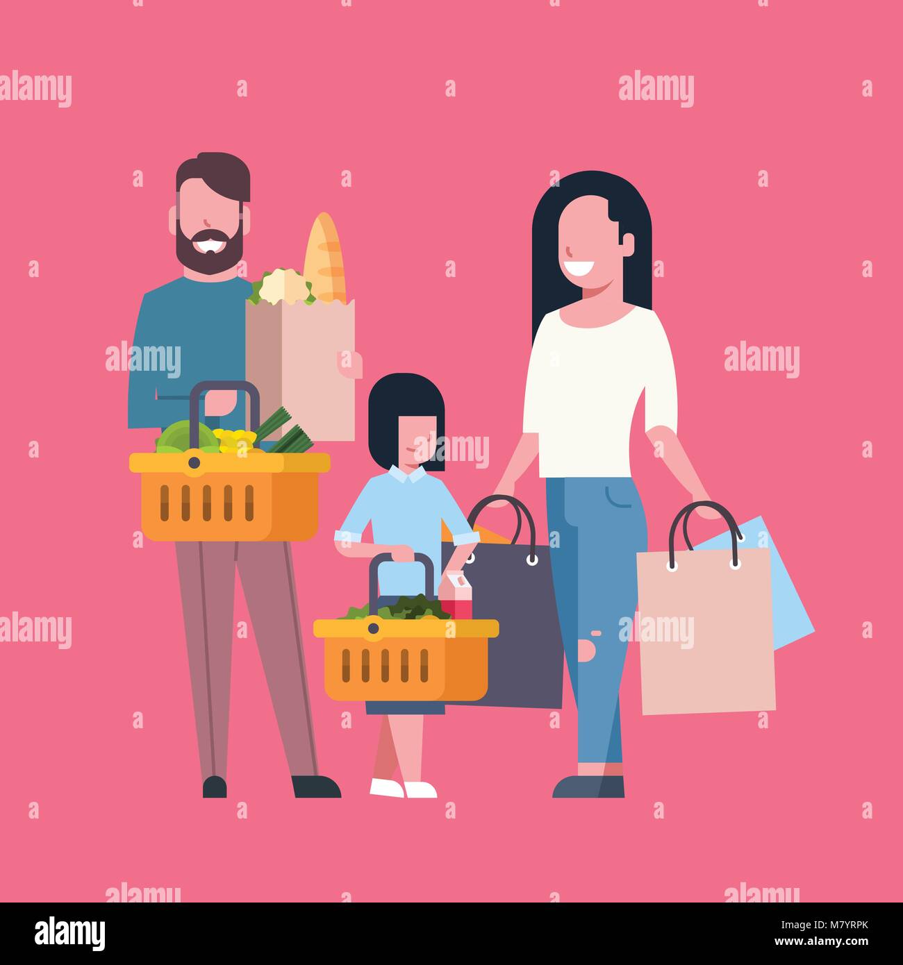 Young Family Shopping Holding Paper Bag And Basket Full Of Grocery ...