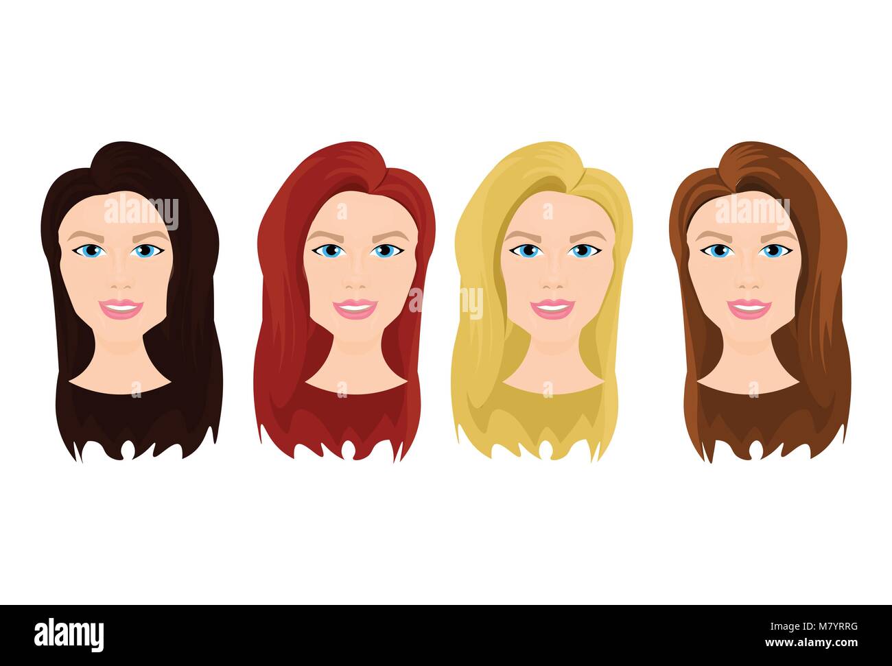 Set Of Female Faces With Different Color Of Hair Beautiful Young Woman ...