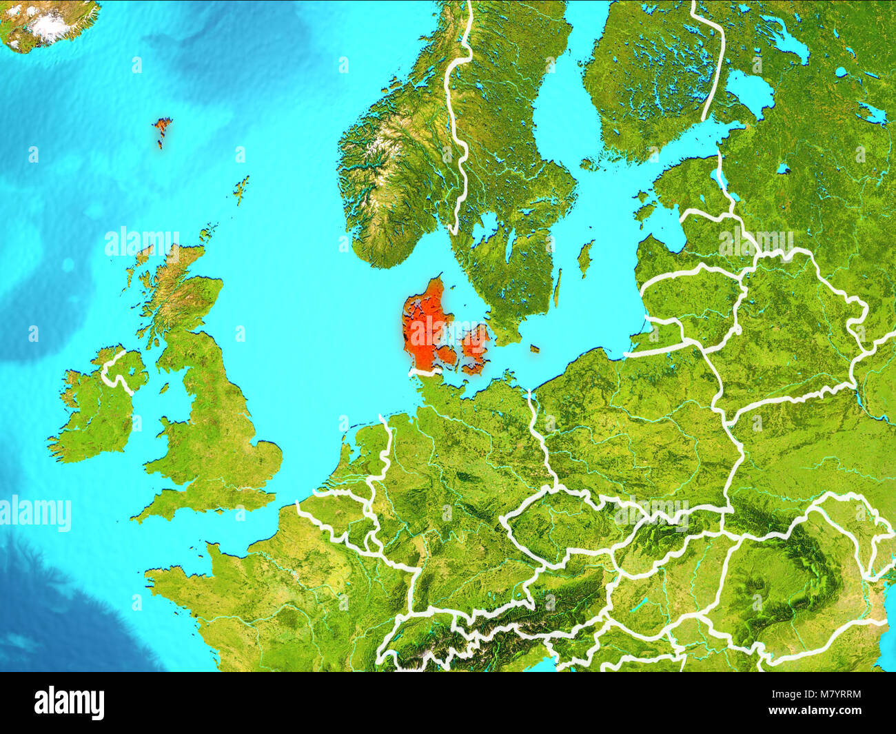 Denmark highlighted in red from Earth’s orbit. 3D illustration ...