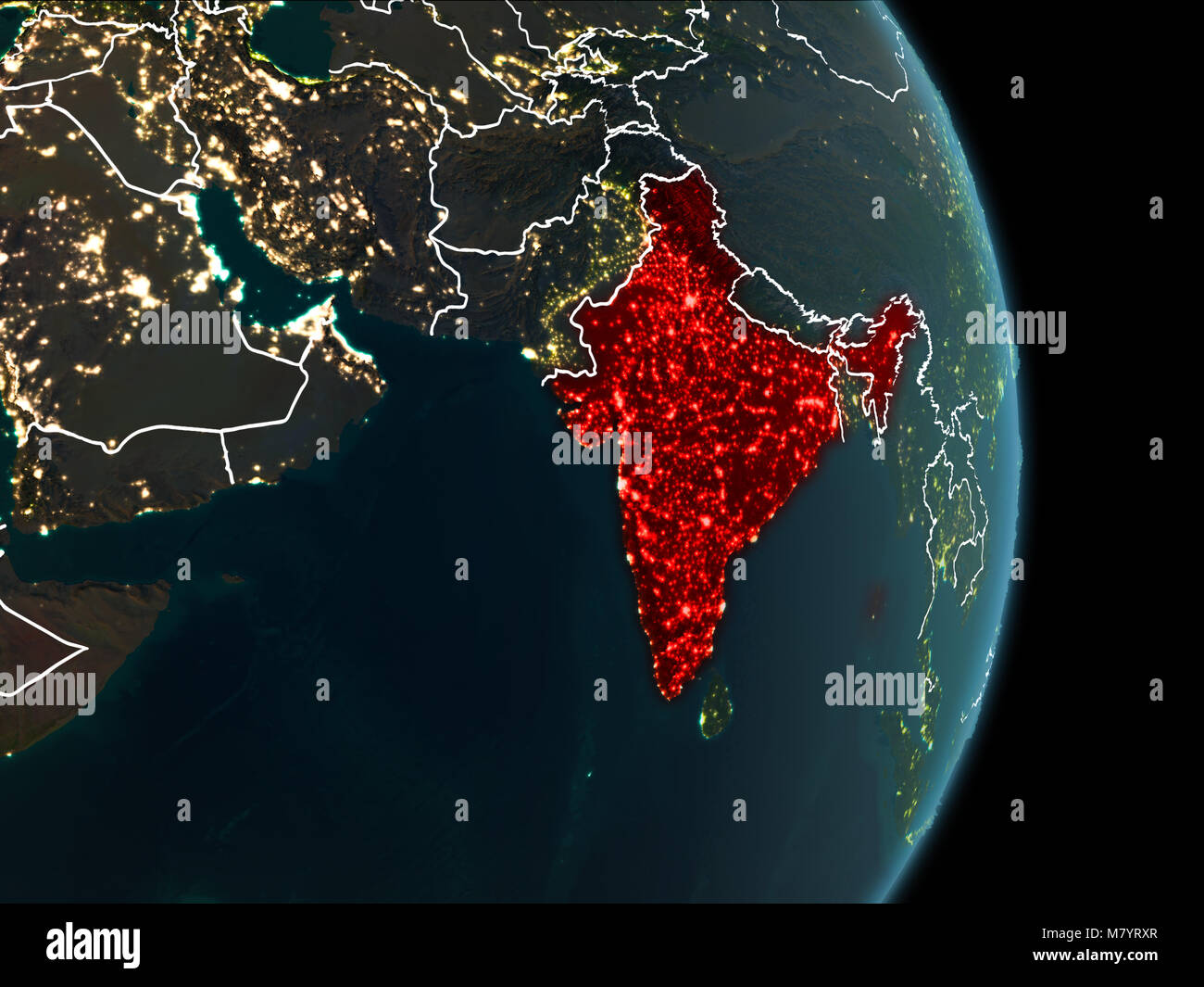 Map of India in red as seen from space on planet Earth at night with ...