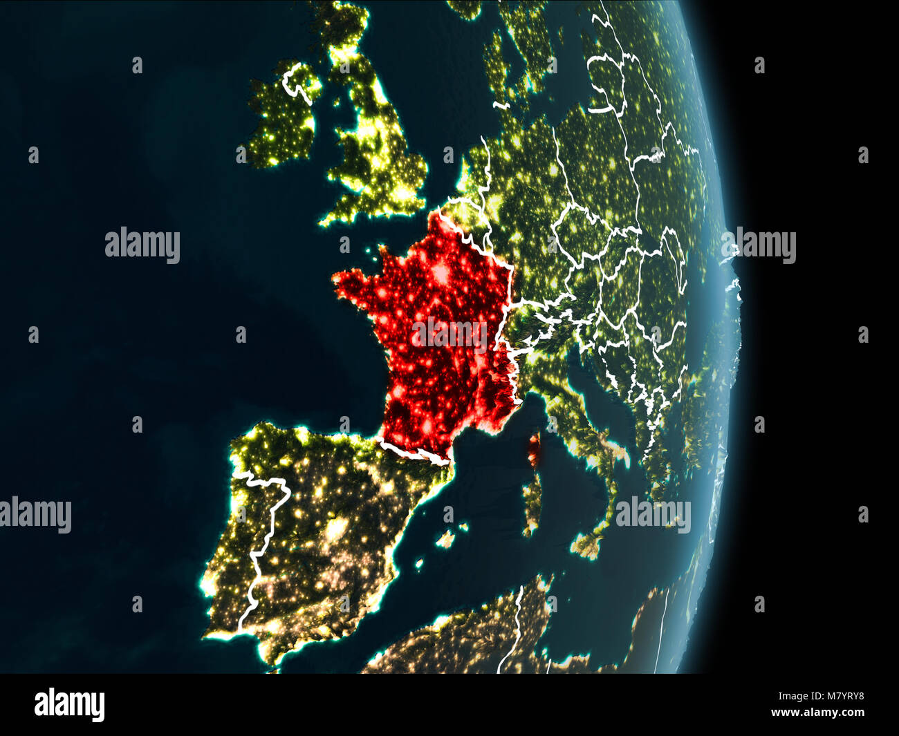 Map of France in red as seen from space on planet Earth at night with ...