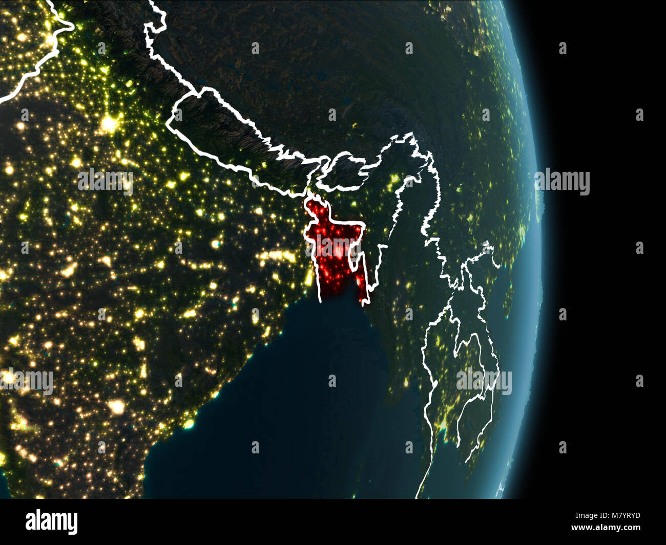Map of Bangladesh in red as seen from space on planet Earth at night ...