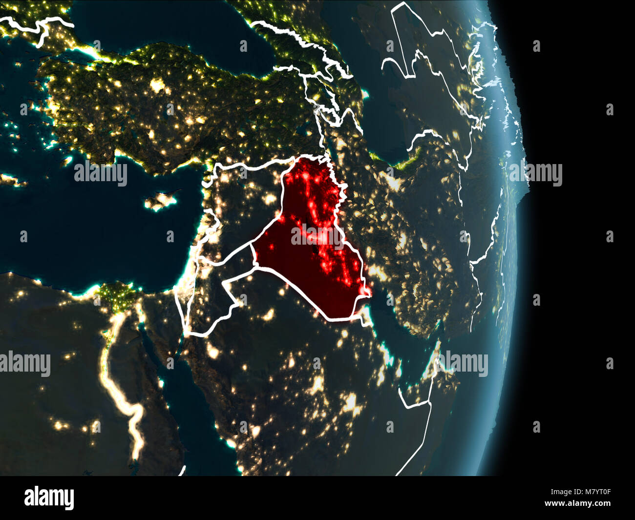 Map of Iraq in red as seen from space on planet Earth at night with ...