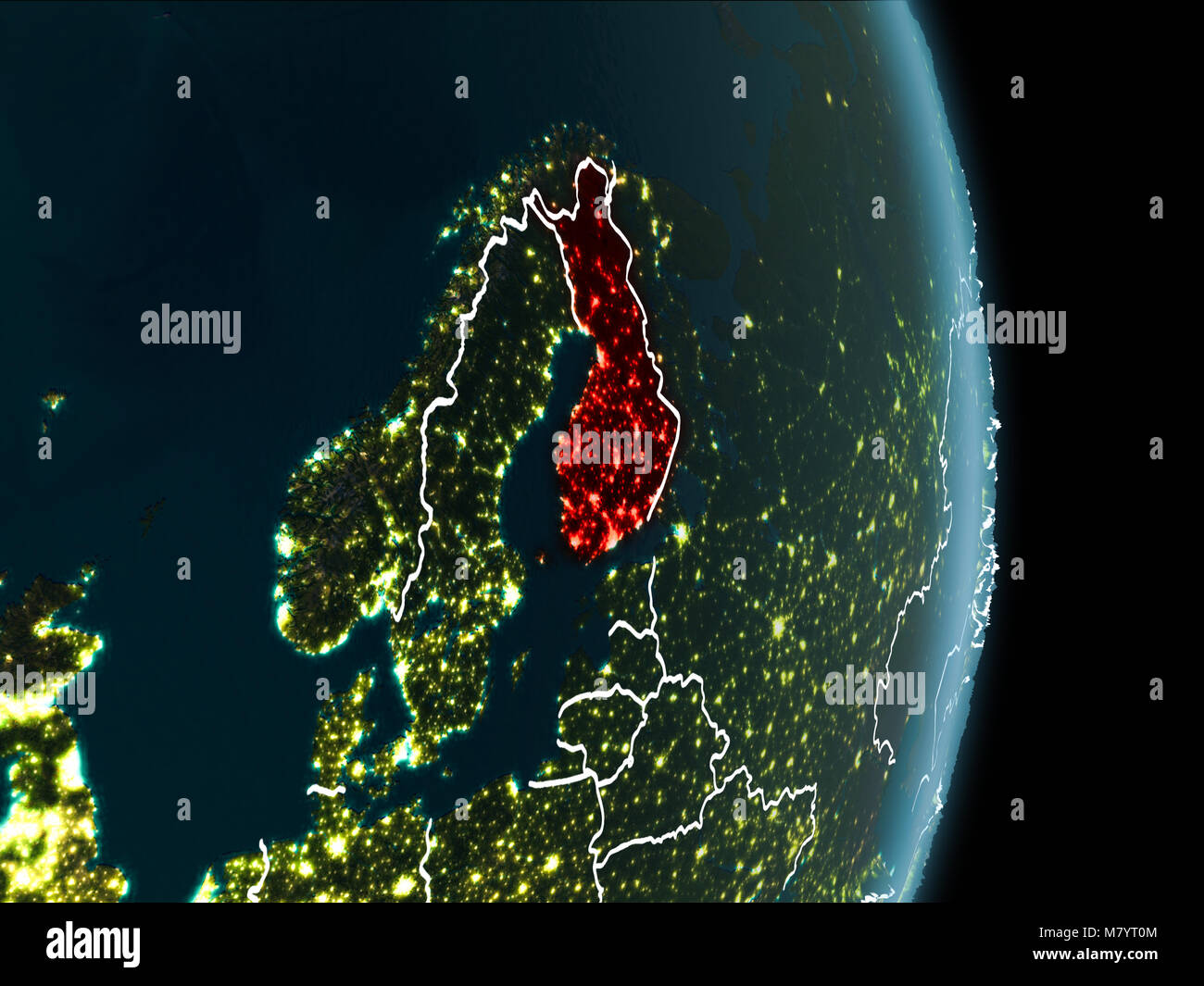 Map of Finland in red as seen from space on planet Earth at night with ...