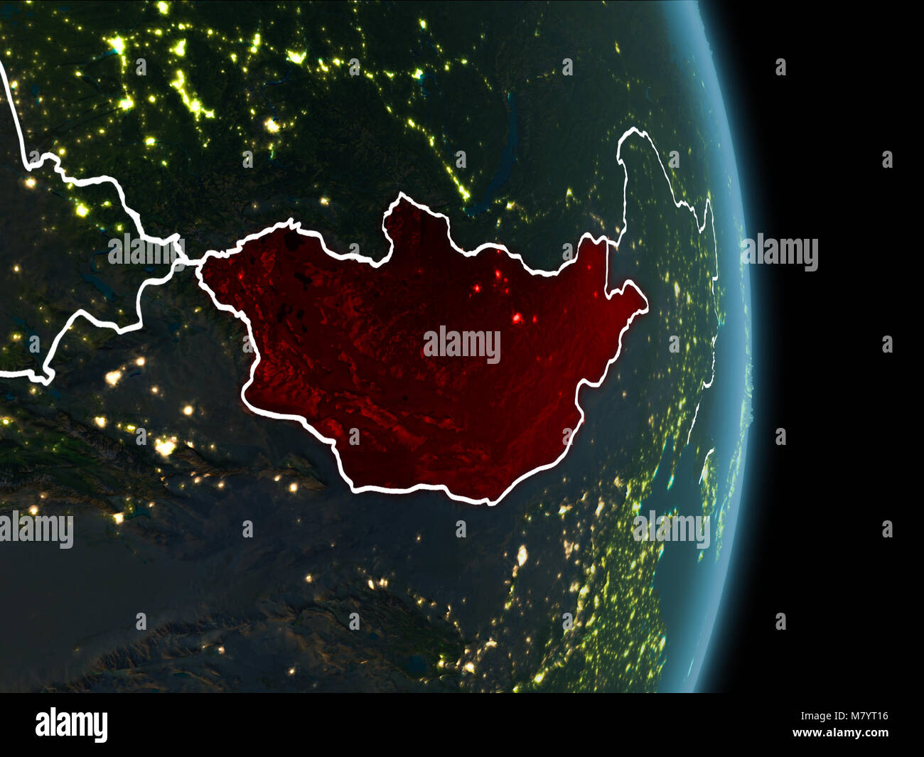 Map of Mongolia in red as seen from space on planet Earth at night with ...