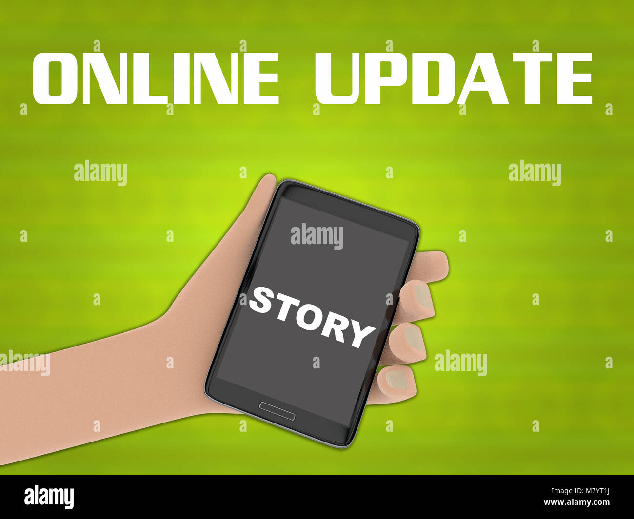3D illustration of STORY script on the screen of a cellulr phone held ...