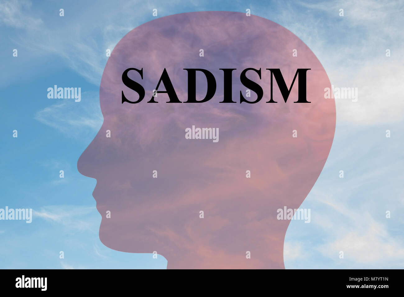 Render illustration of SADISM title on head silhouette, with cloudy sky ...