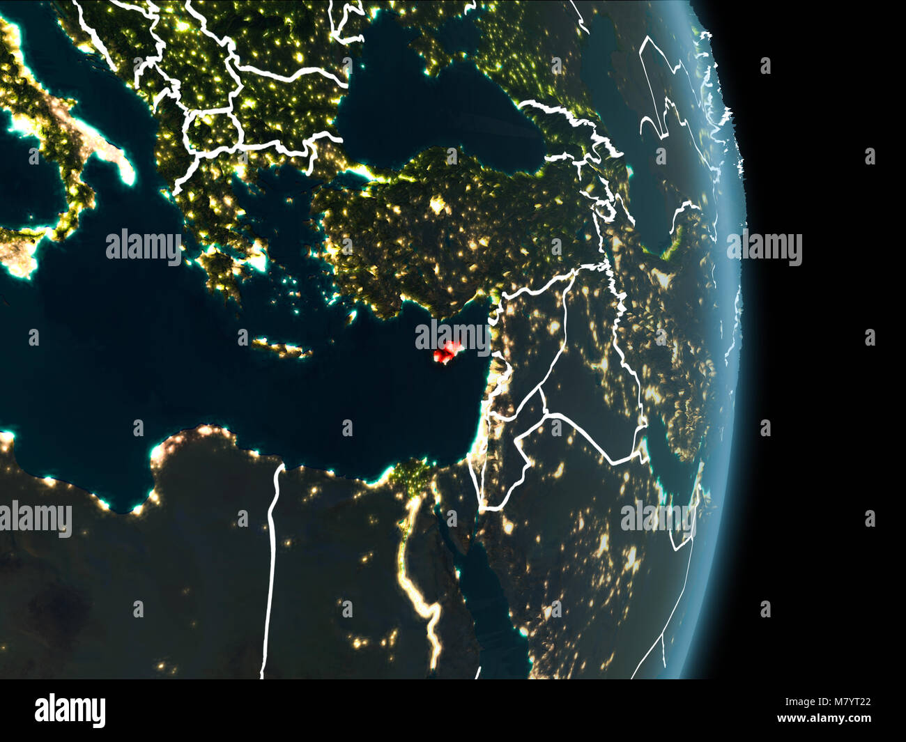 Map of Cyprus in red as seen from space on planet Earth at night with ...