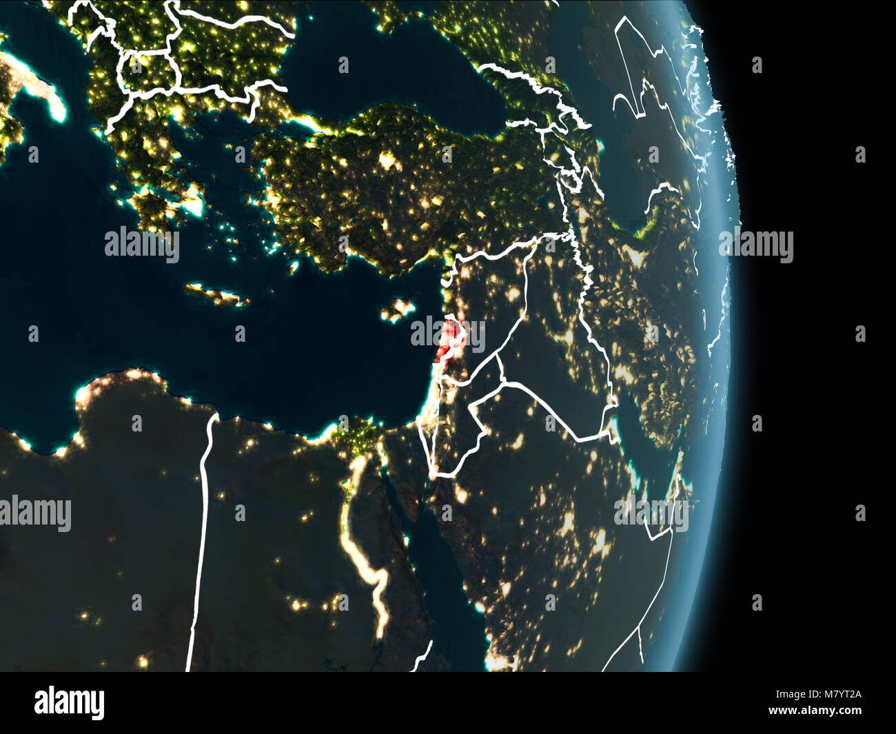 Map of Lebanon in red as seen from space on planet Earth at night with ...