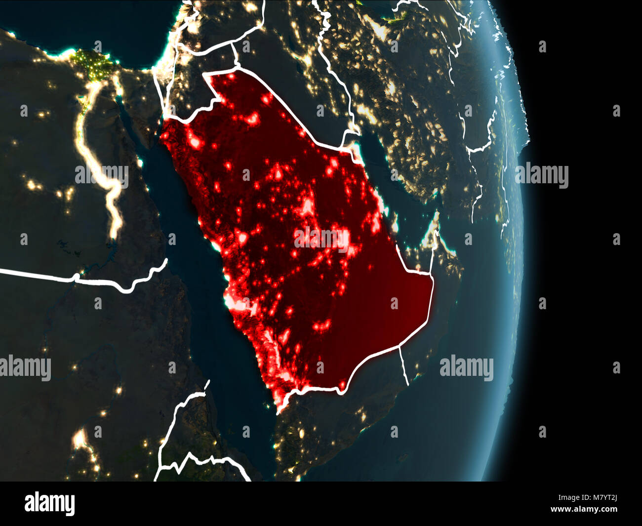 Map of Saudi Arabia in red as seen from space on planet Earth at night ...