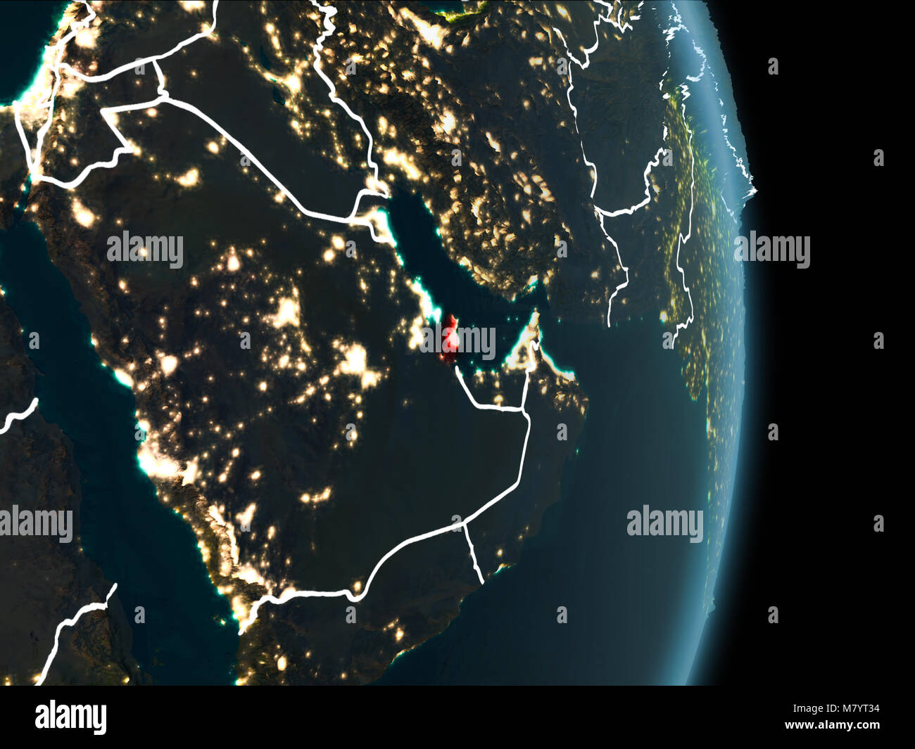 Map of Qatar in red as seen from space on planet Earth at night with ...