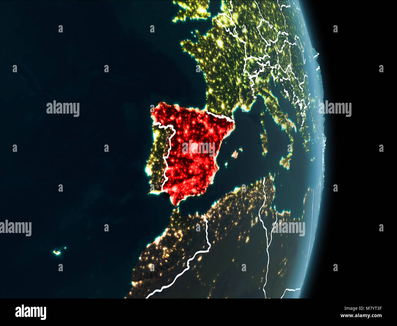 Map of Spain in red as seen from space on planet Earth at night with ...