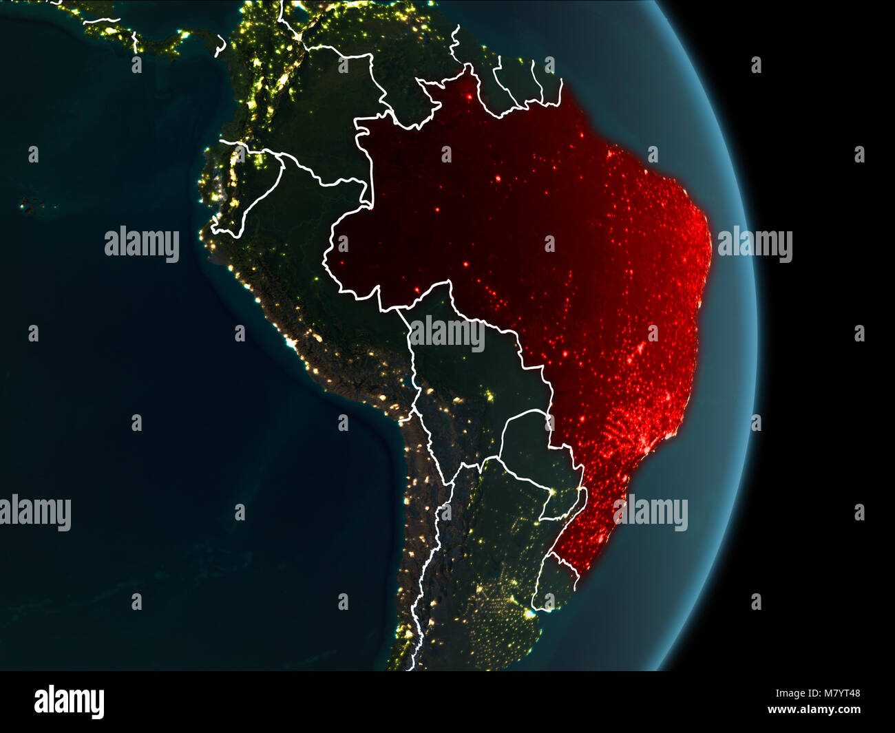 Map of Brazil in red as seen from space on planet Earth at night with ...