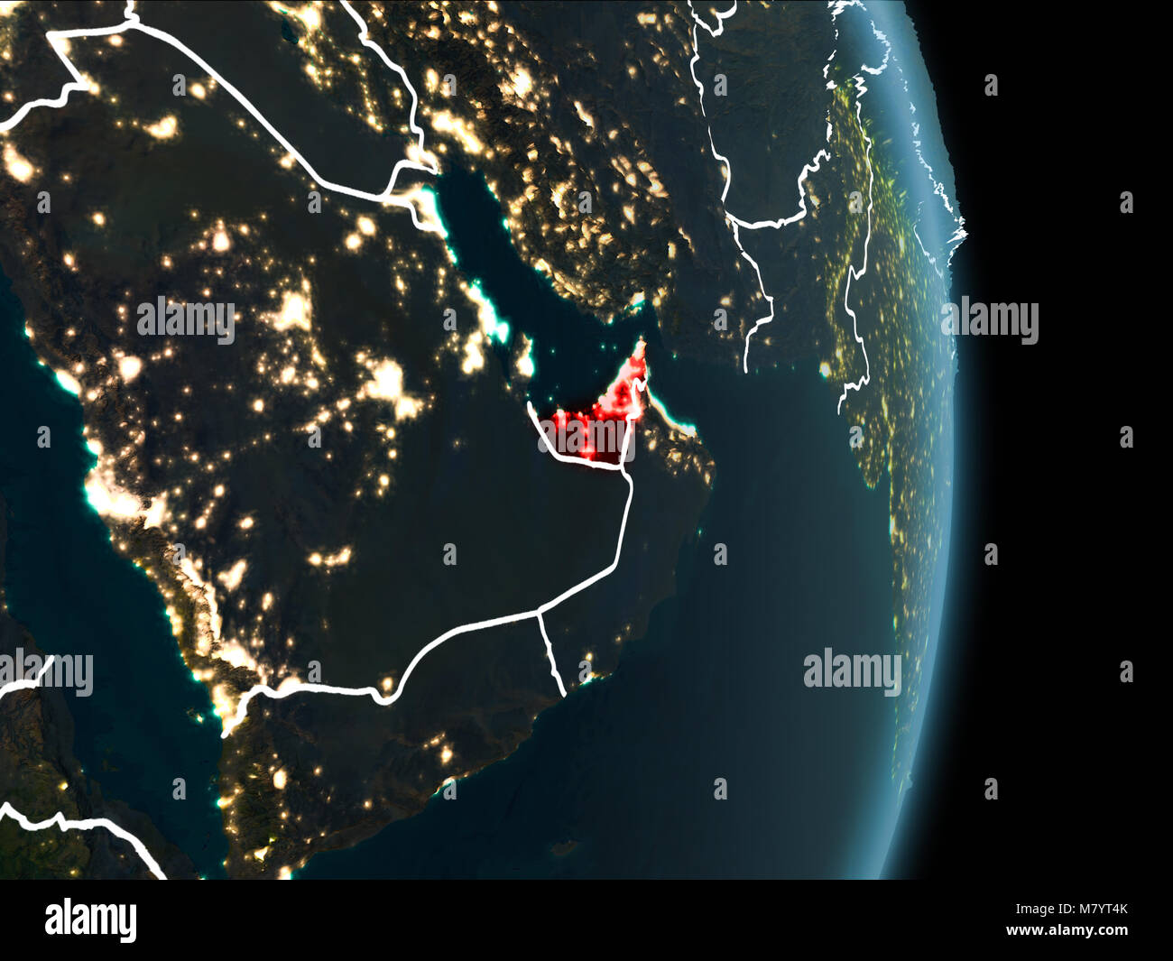 Map of United Arab Emirates in red as seen from space on planet Earth ...