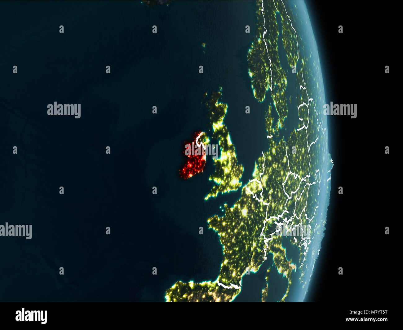 Map of Ireland in red as seen from space on planet Earth at night with ...