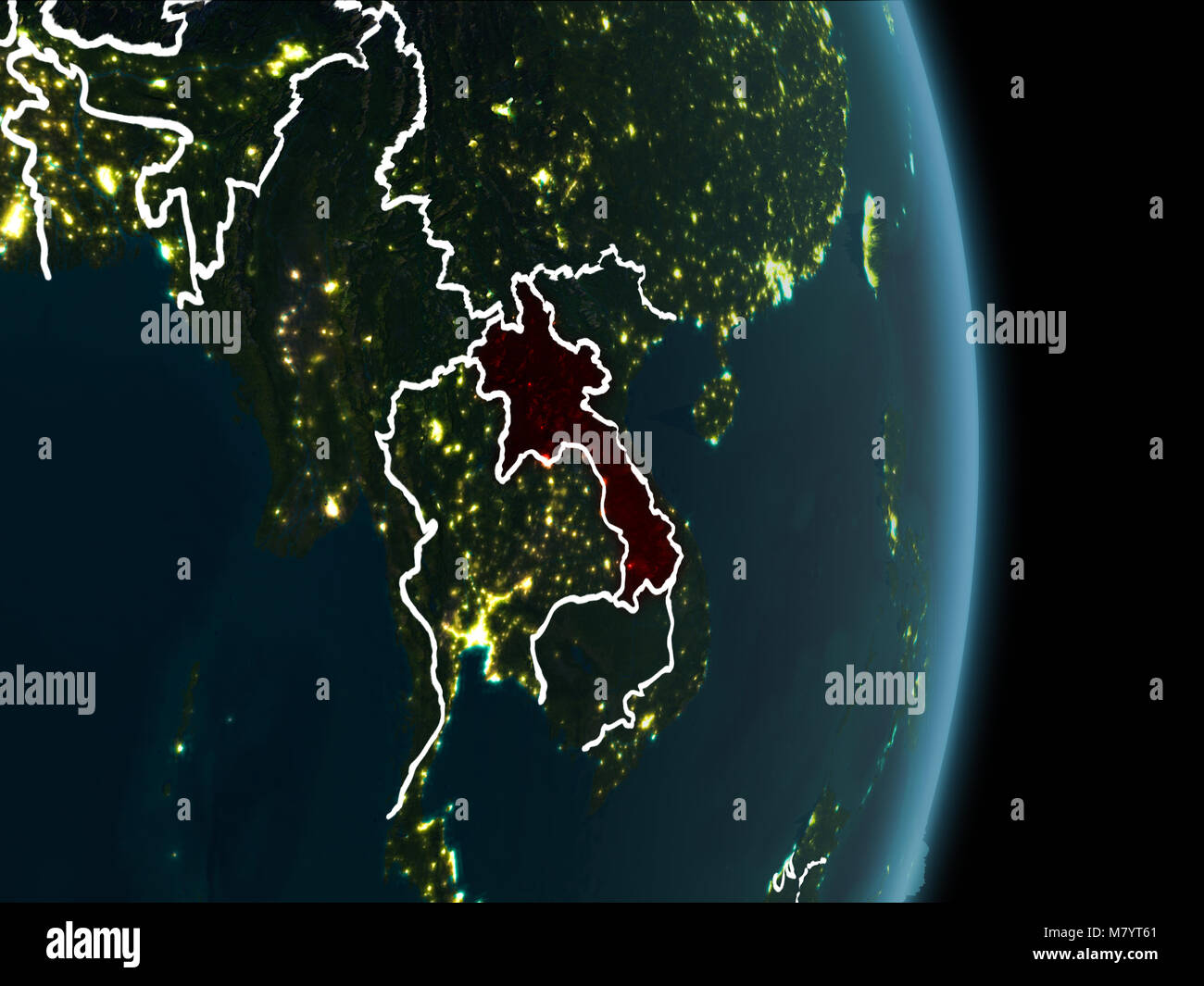 Map of Laos in red as seen from space on planet Earth at night with ...