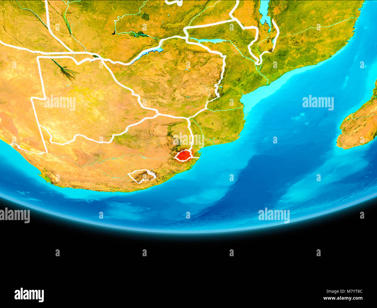 Swaziland from orbit of planet Earth with visible borderlines. 3D illustration. Elements of this ...