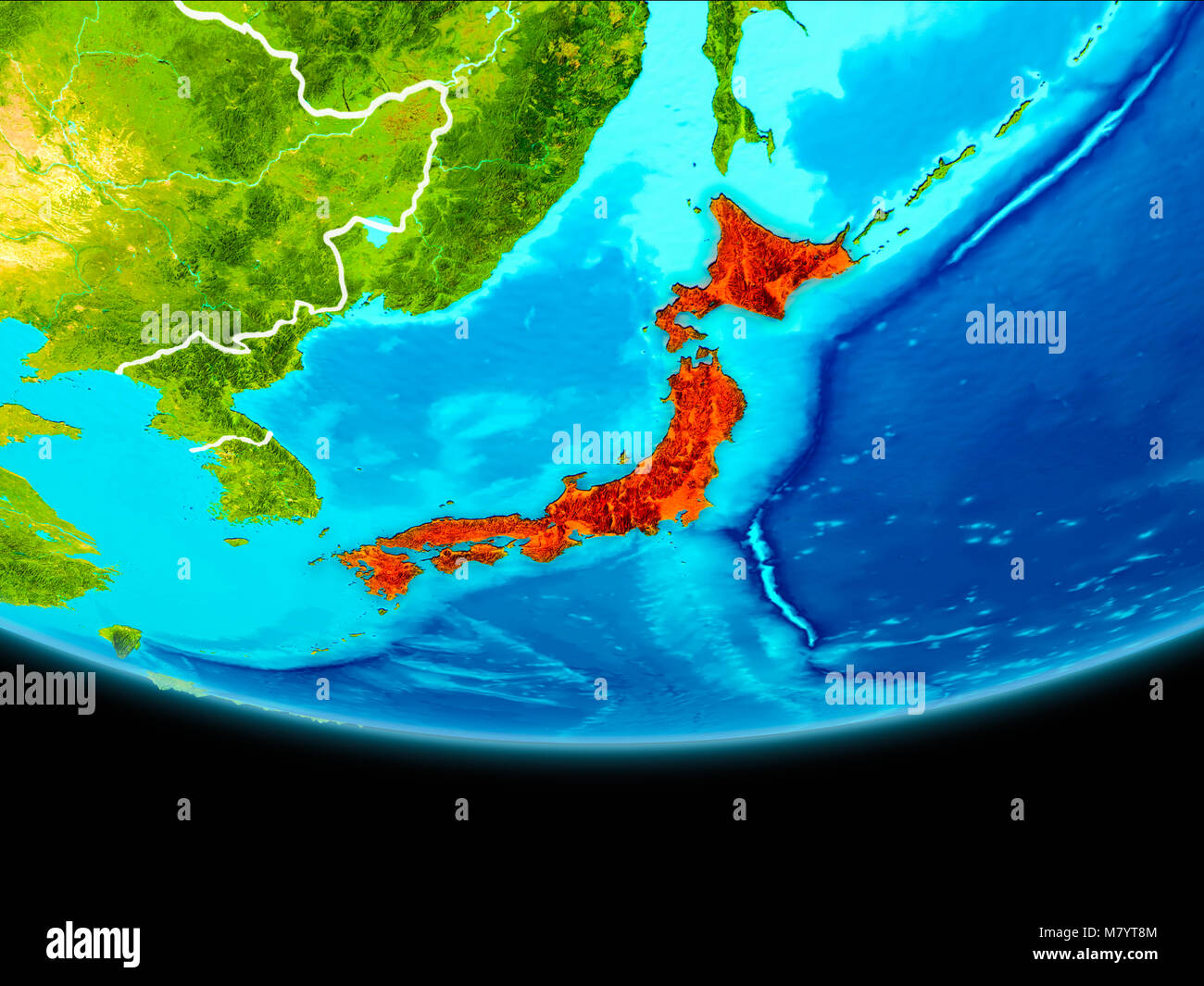 Japan from orbit of planet Earth with visible borderlines. 3D ...