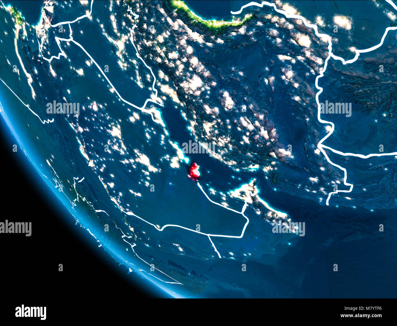 Map of Qatar in red as seen from space on planet Earth at night with ...