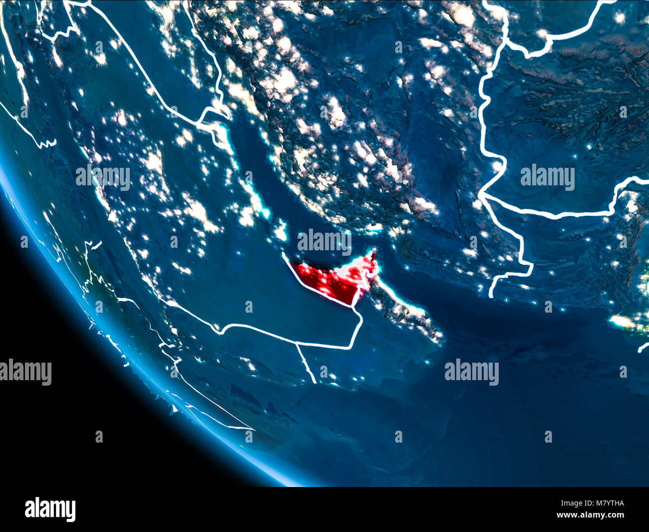 Map of United Arab Emirates in red as seen from space on planet Earth ...