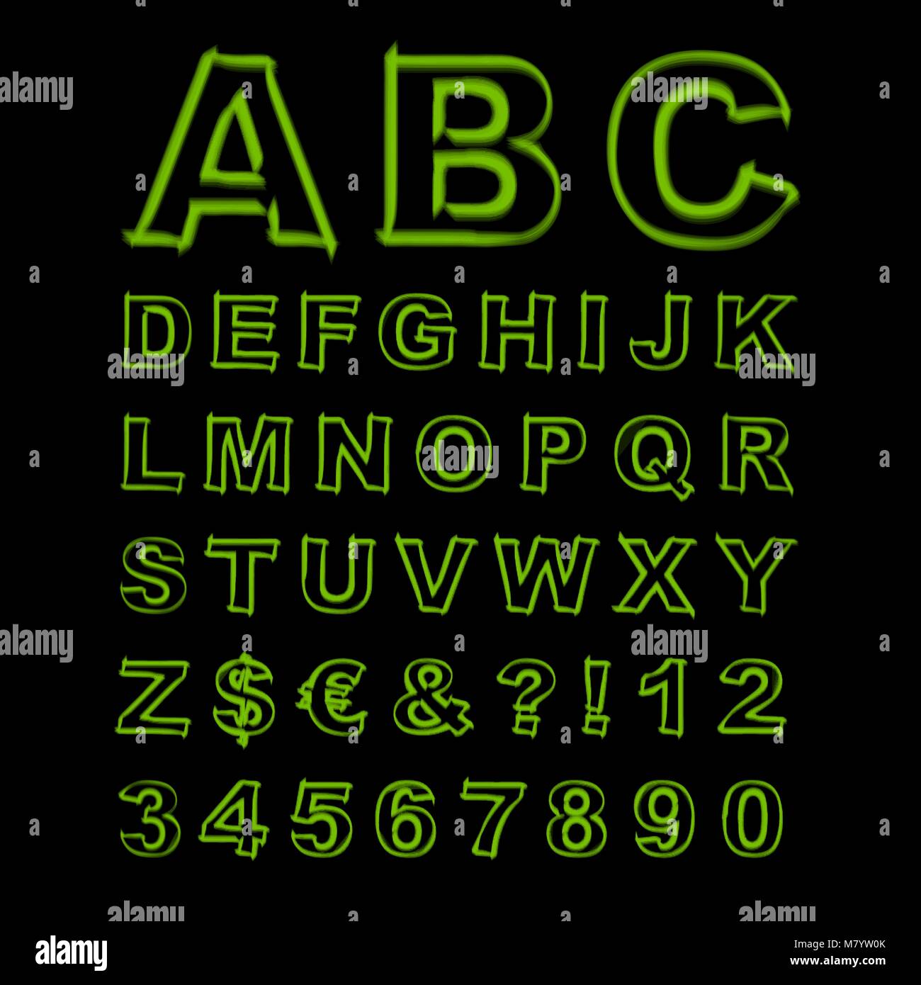 Blurred Neon Vector Font. Green Letters, Signs and Numerals on a Black ...