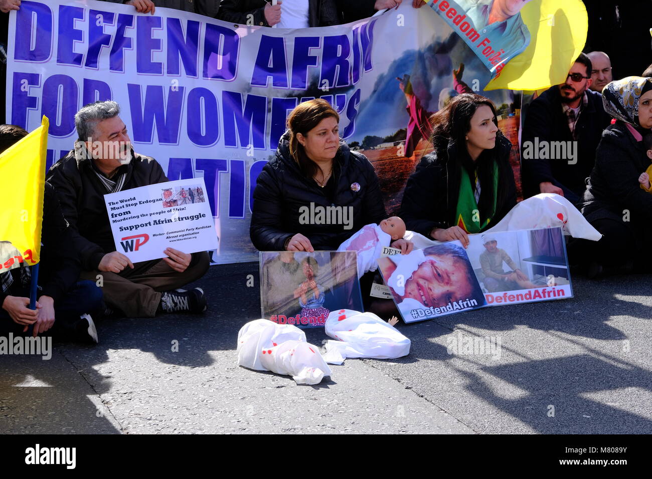 London, UK. 14th March, 2018. Kurdih protesters block the road in ...