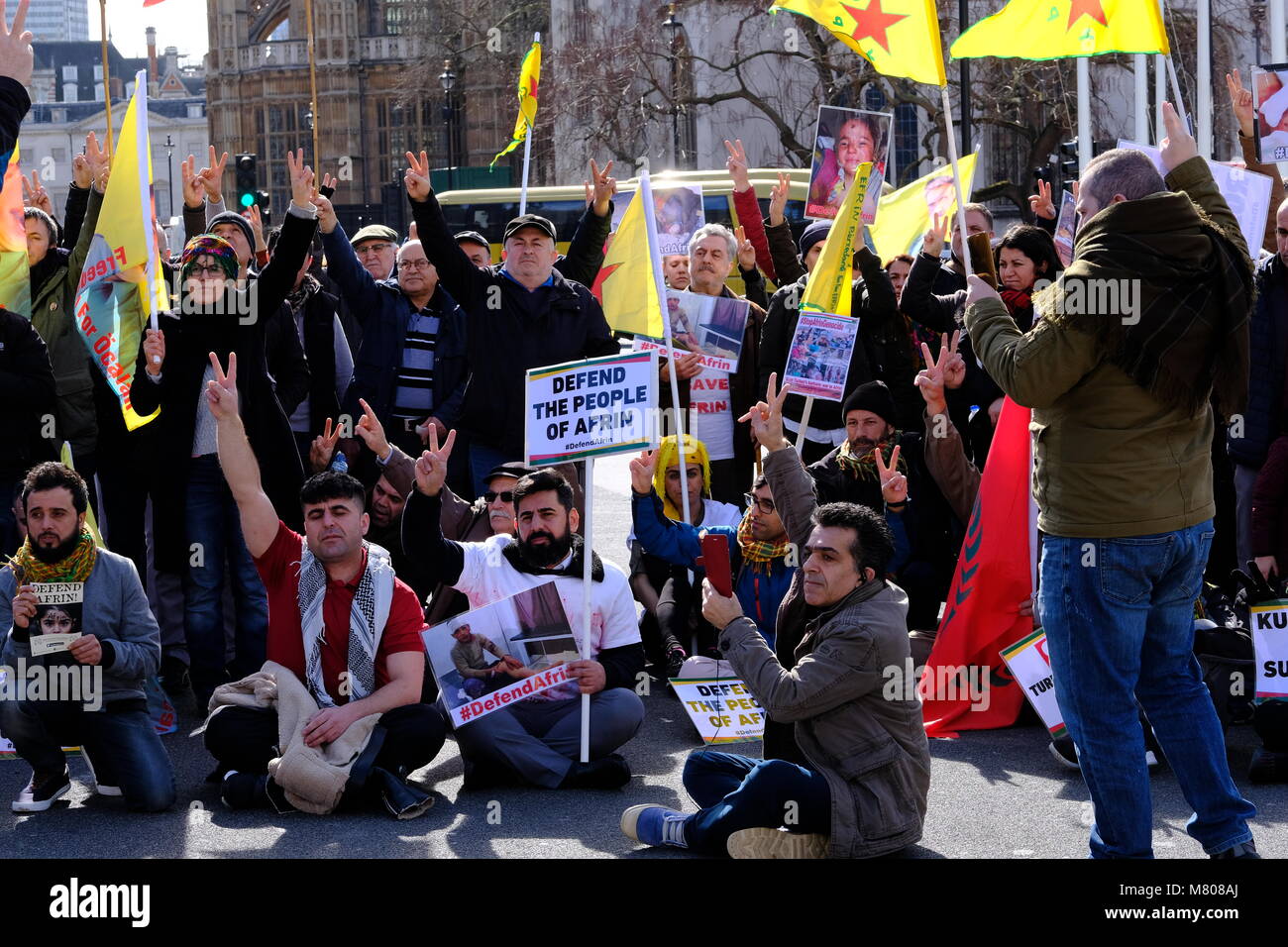London, UK. 14th March, 2018. Kurdih protesters block the road in ...
