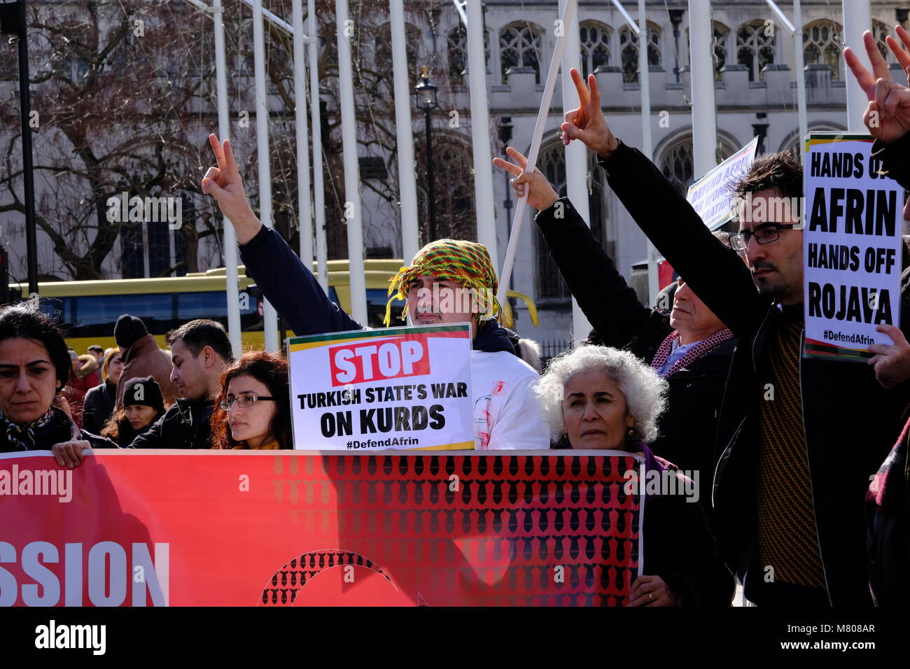 London, UK. 14th March, 2018. Kurdih protesters block the road in ...