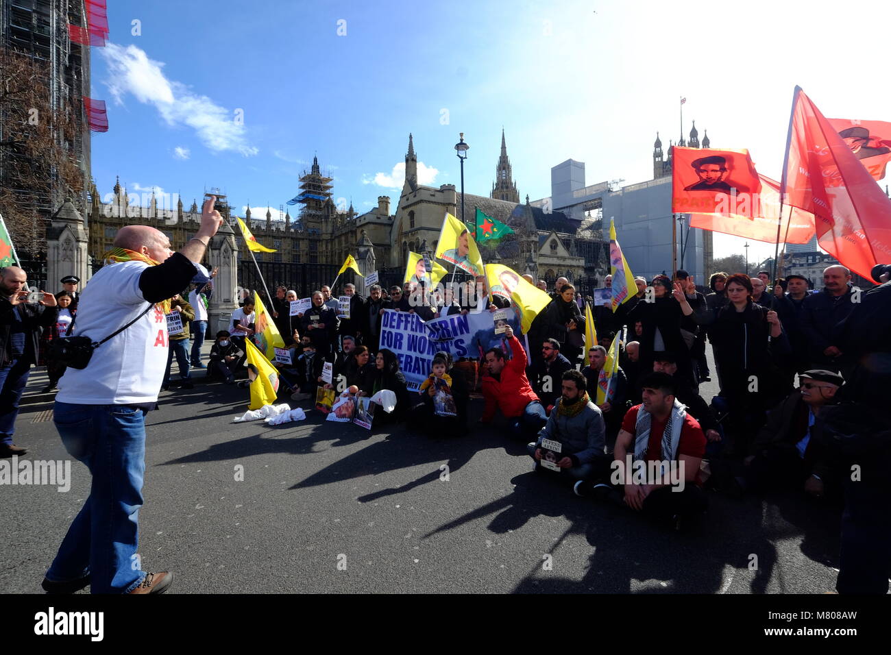 London, UK. 14th March, 2018. Kurdih protesters block the road in ...