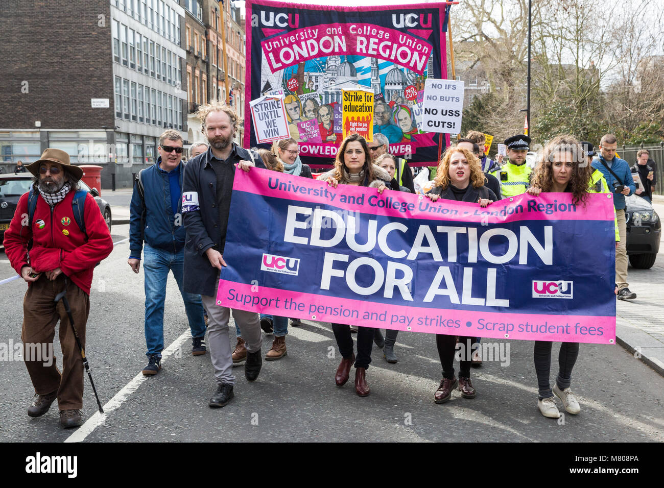 London, UK. 14th March, 2018. UCU trade union members, supporters and ...