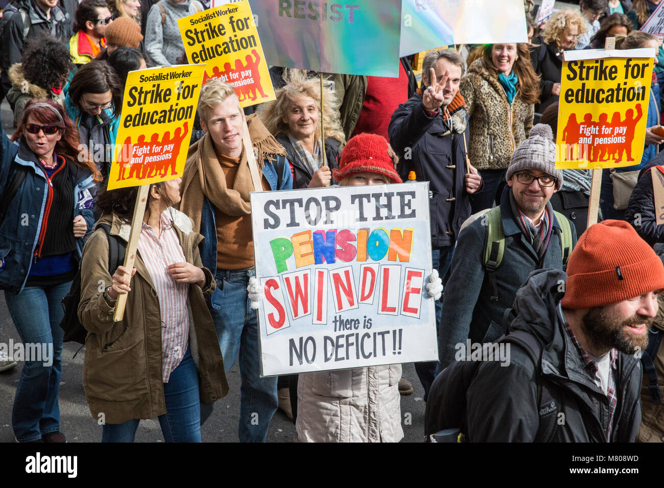 London, UK. 14th March, 2018. UCU trade union members, supporters and ...