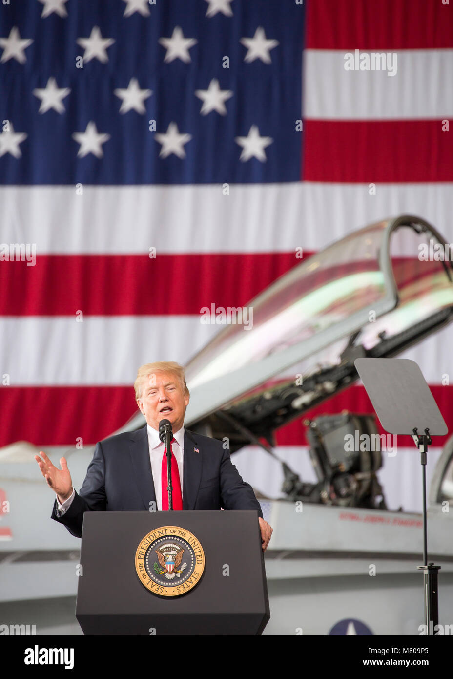 U.S President Donald Trump addresses troops during a stop at Marine ...