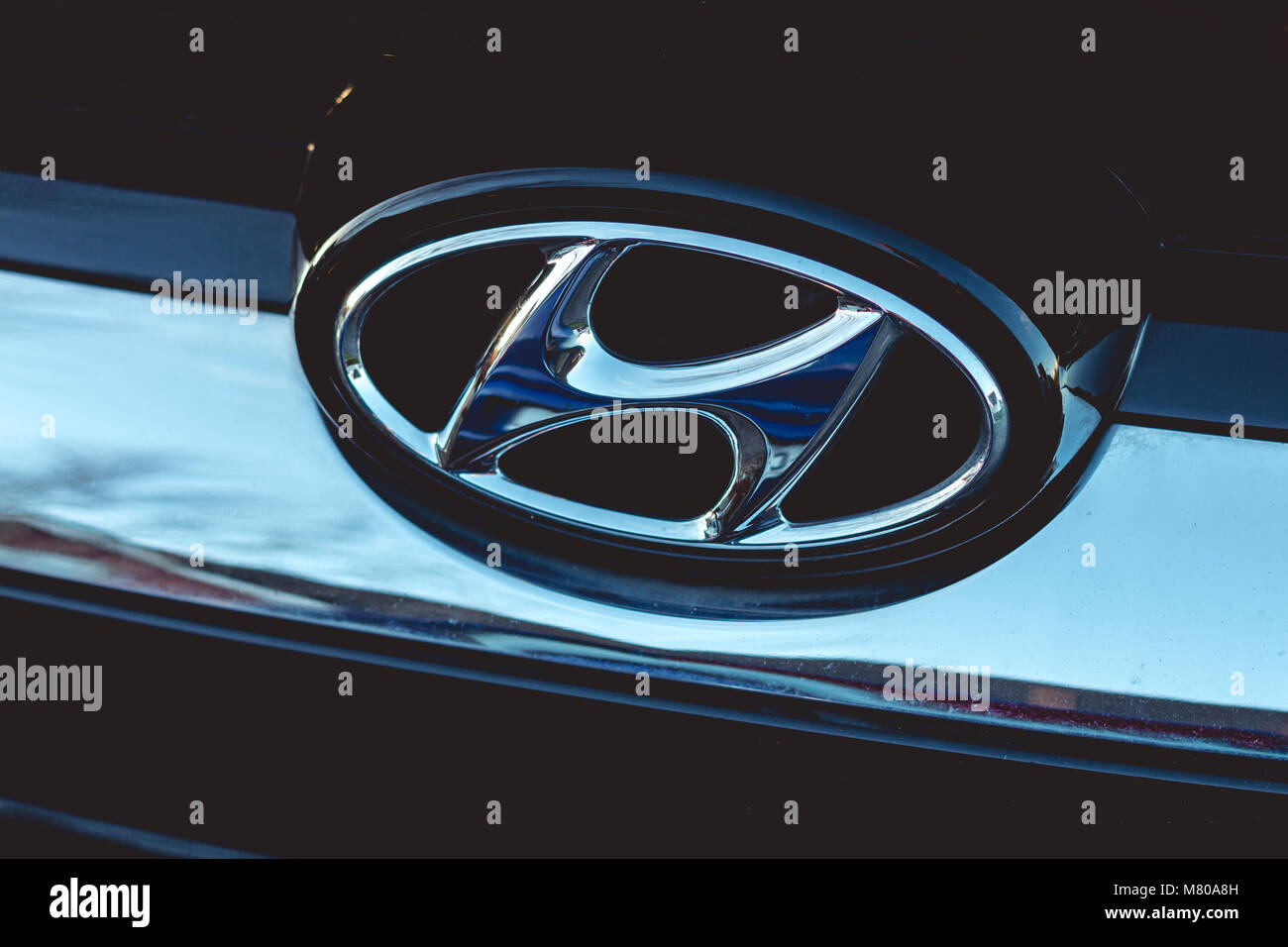 March 14th, 2018, Cork, Ireland - detail of the Hyundai logo on a car ...