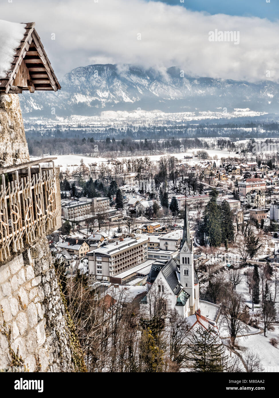 Bled town in winter time viewed from the Bled Castle, Slovenia, Europe ...