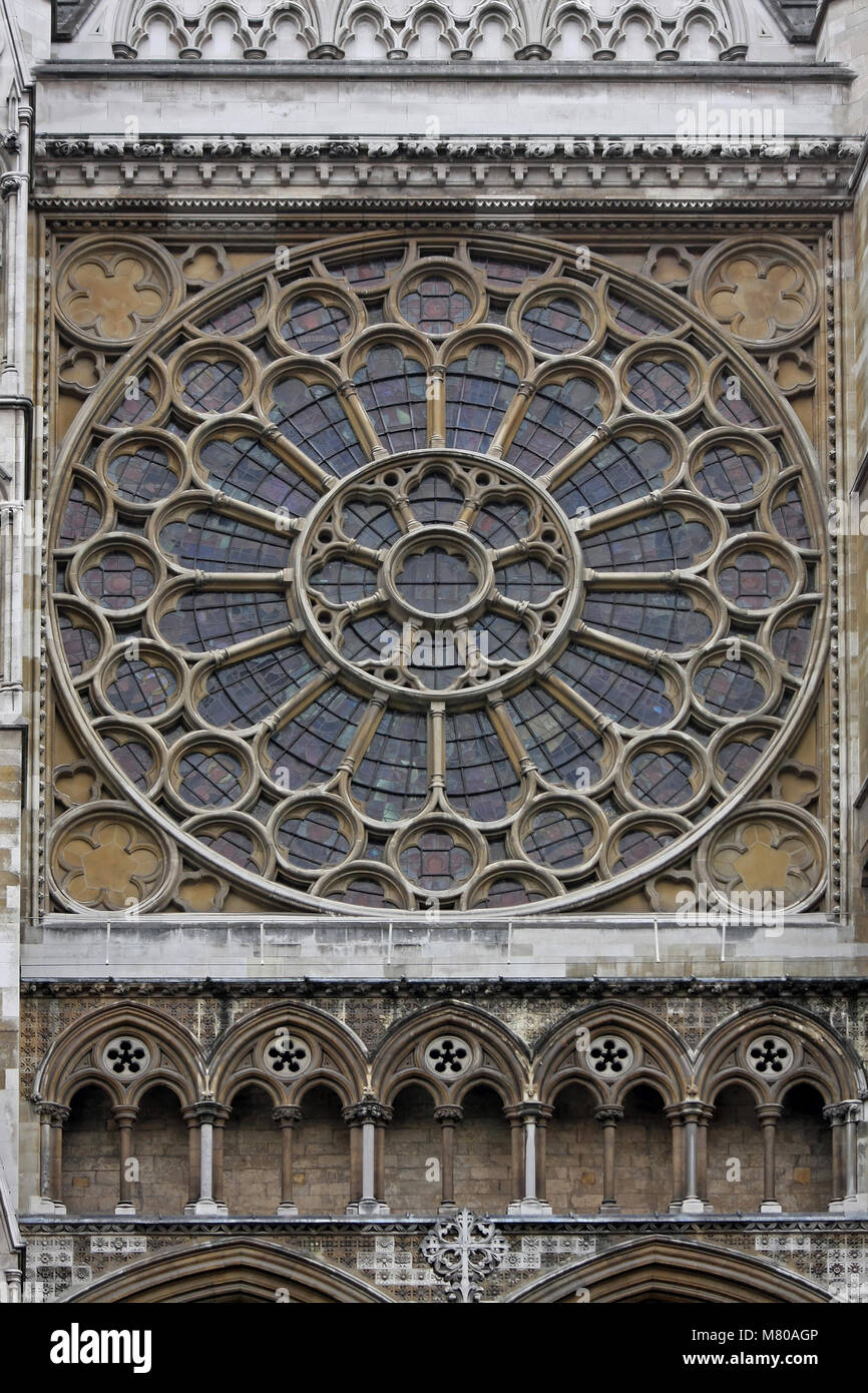 Exterior view of round church stained glass window Stock Photo - Alamy