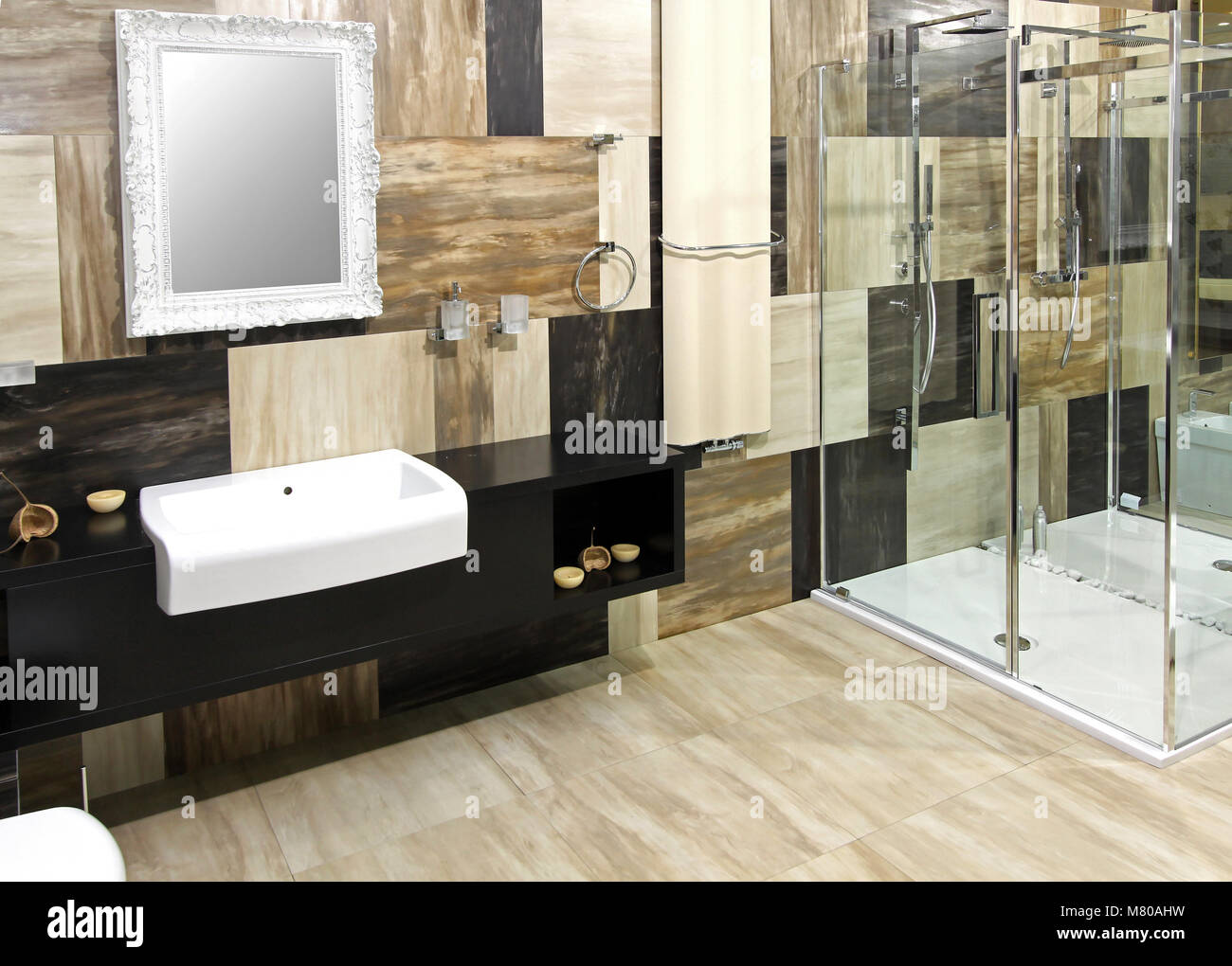 Modern bathroom interior with collage marble tiles Stock Photo - Alamy