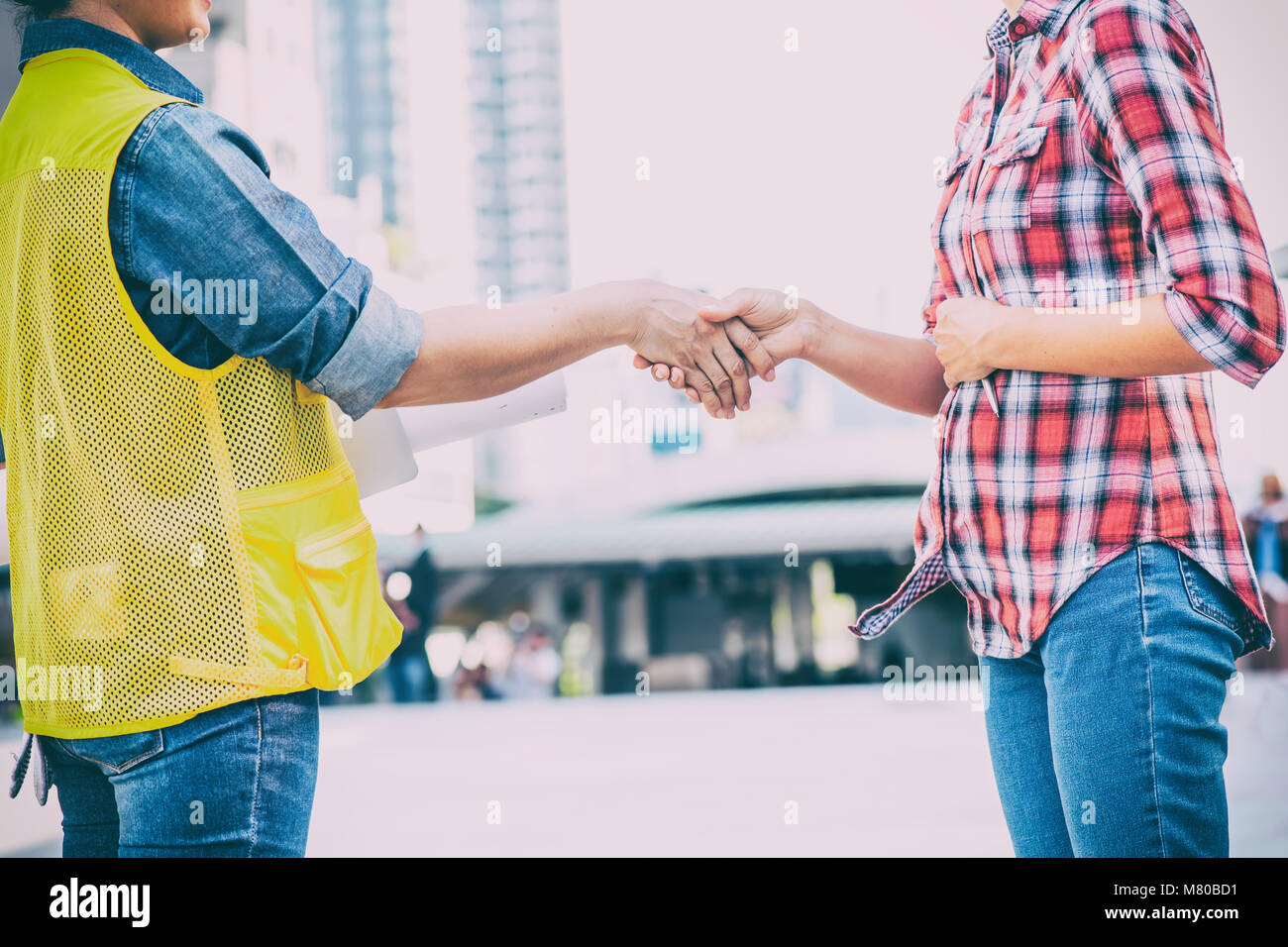 engineering teamwork and handshake for successful project Stock Photo ...