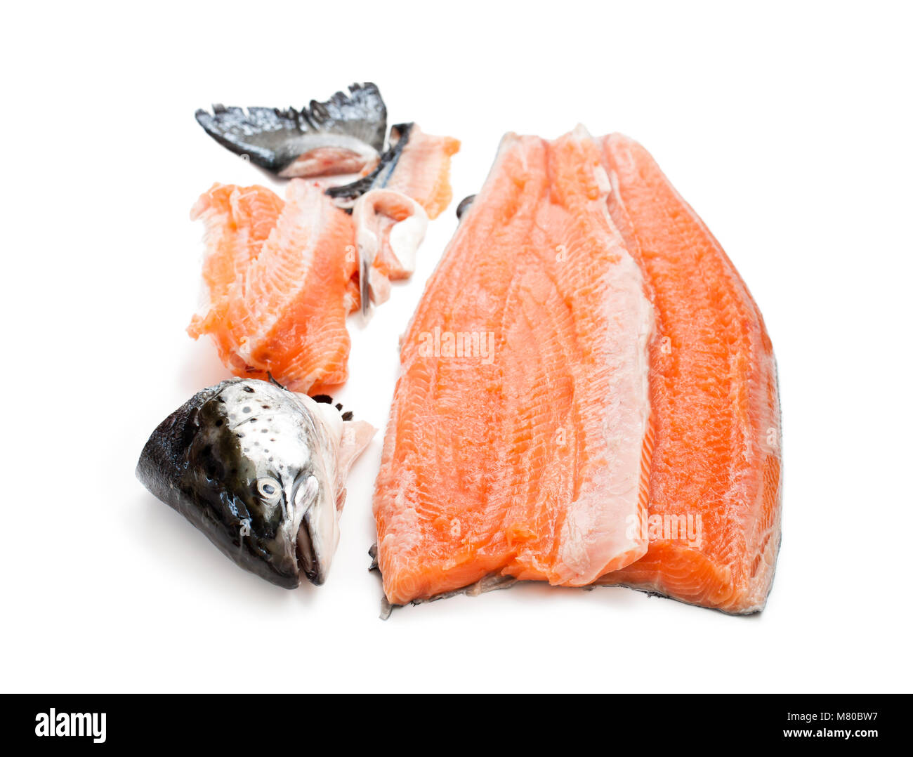 salmon fillet with head and bones isolated on white background Stock ...
