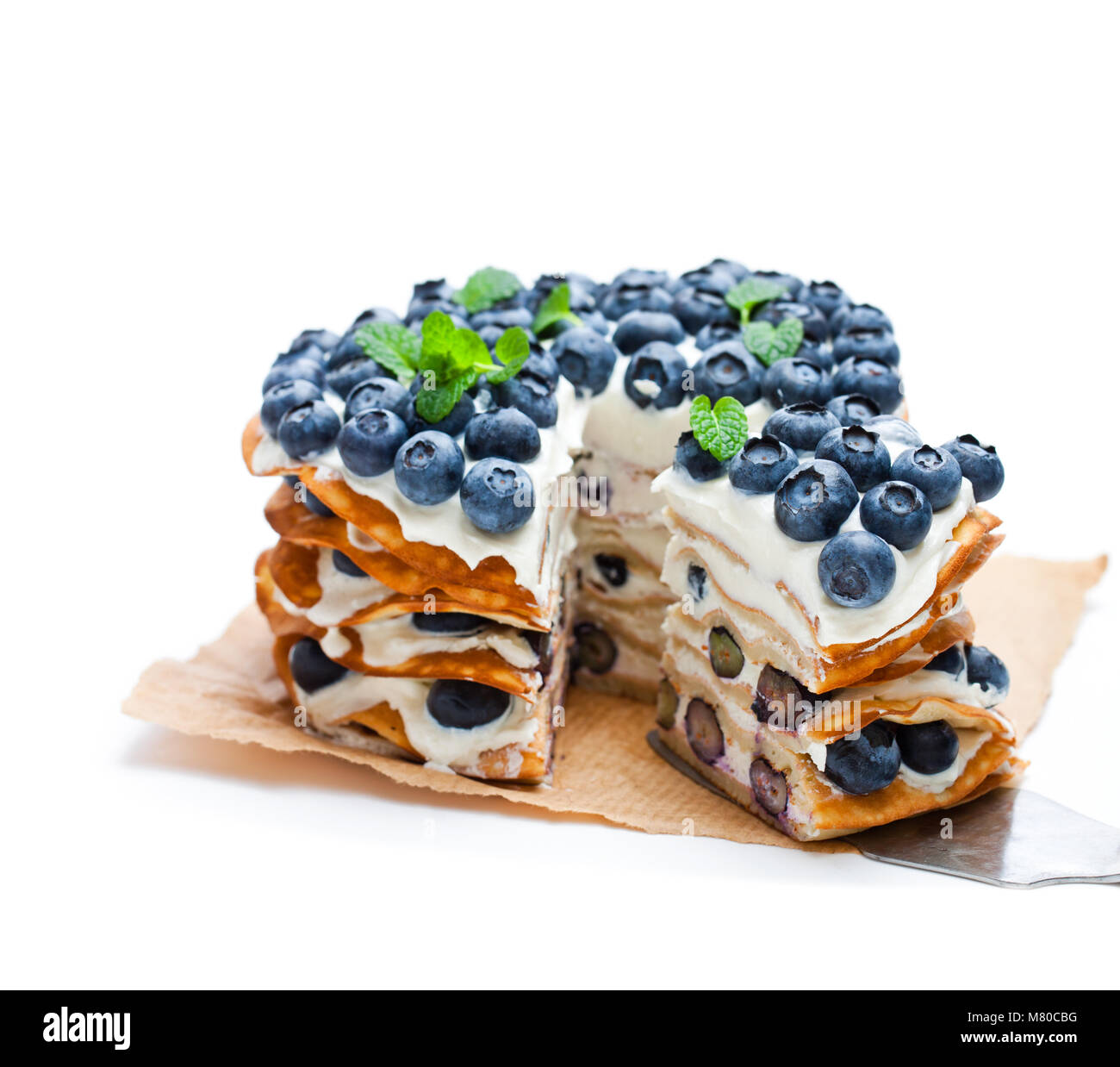 Layered pancakes with mascarpone cream and blueberry Stock Photo - Alamy