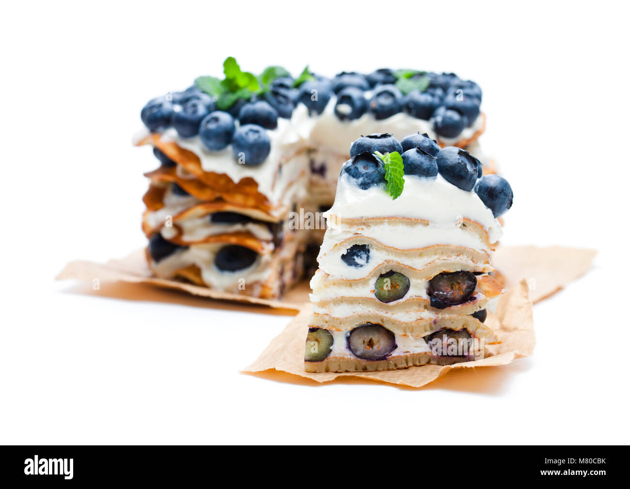 Layered pancakes with mascarpone cream and blueberry Stock Photo - Alamy