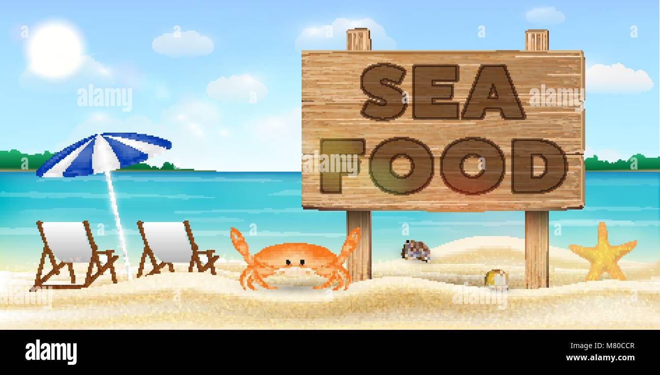 sea food wood board sign on sea sand beach Stock Vector Image & Art - Alamy