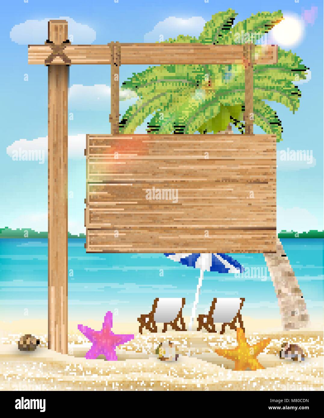 hang wood board sign on sea beach with relax chair Stock Vector Image ...