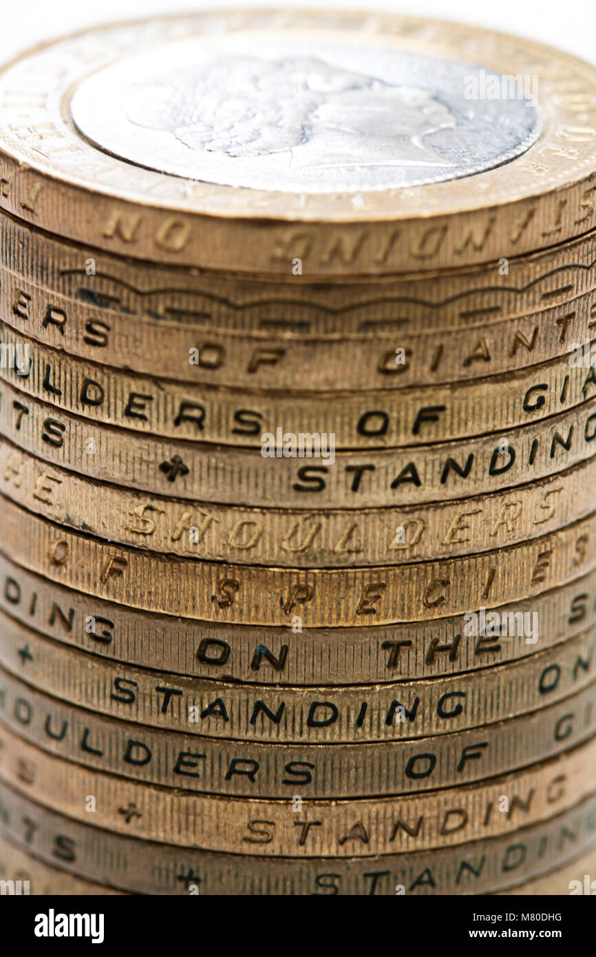 British 2 pound coin stack on a white background Stock Photo - Alamy