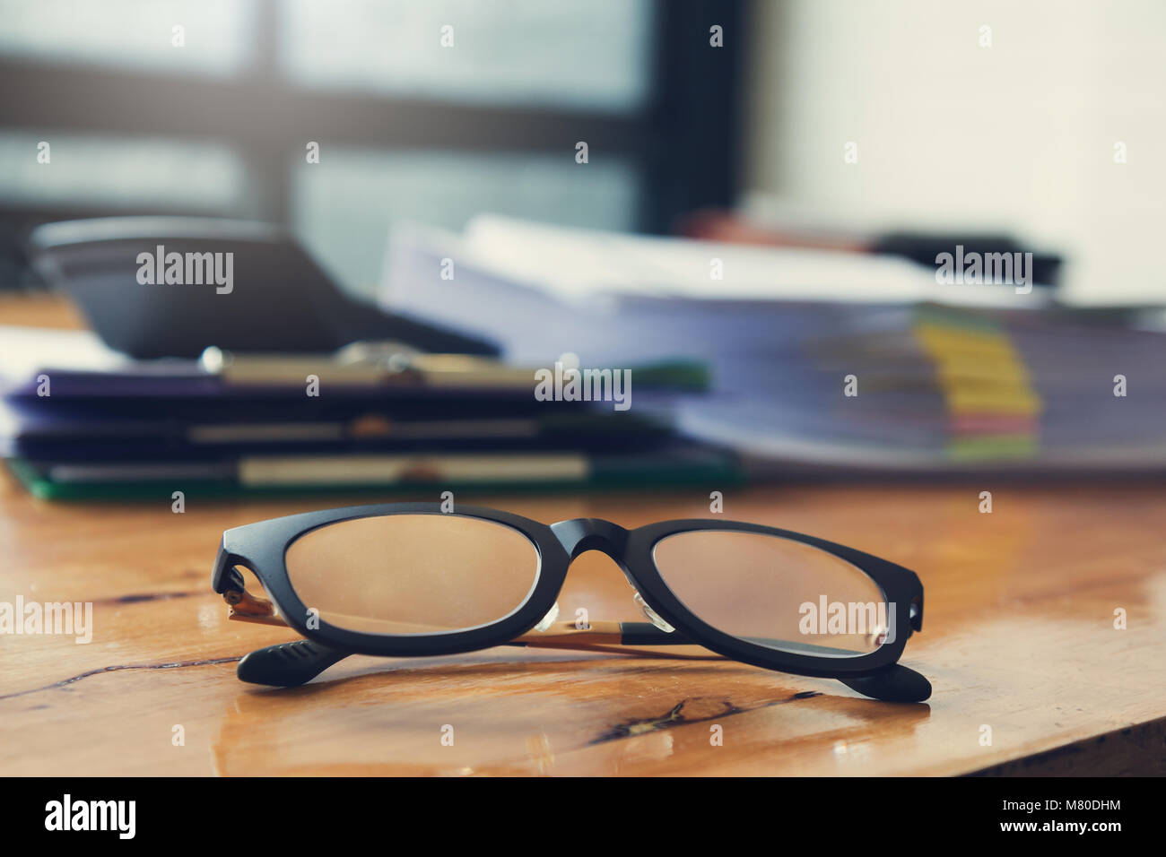 Business and finance concept of office working,Closeup eyeglasses on ...