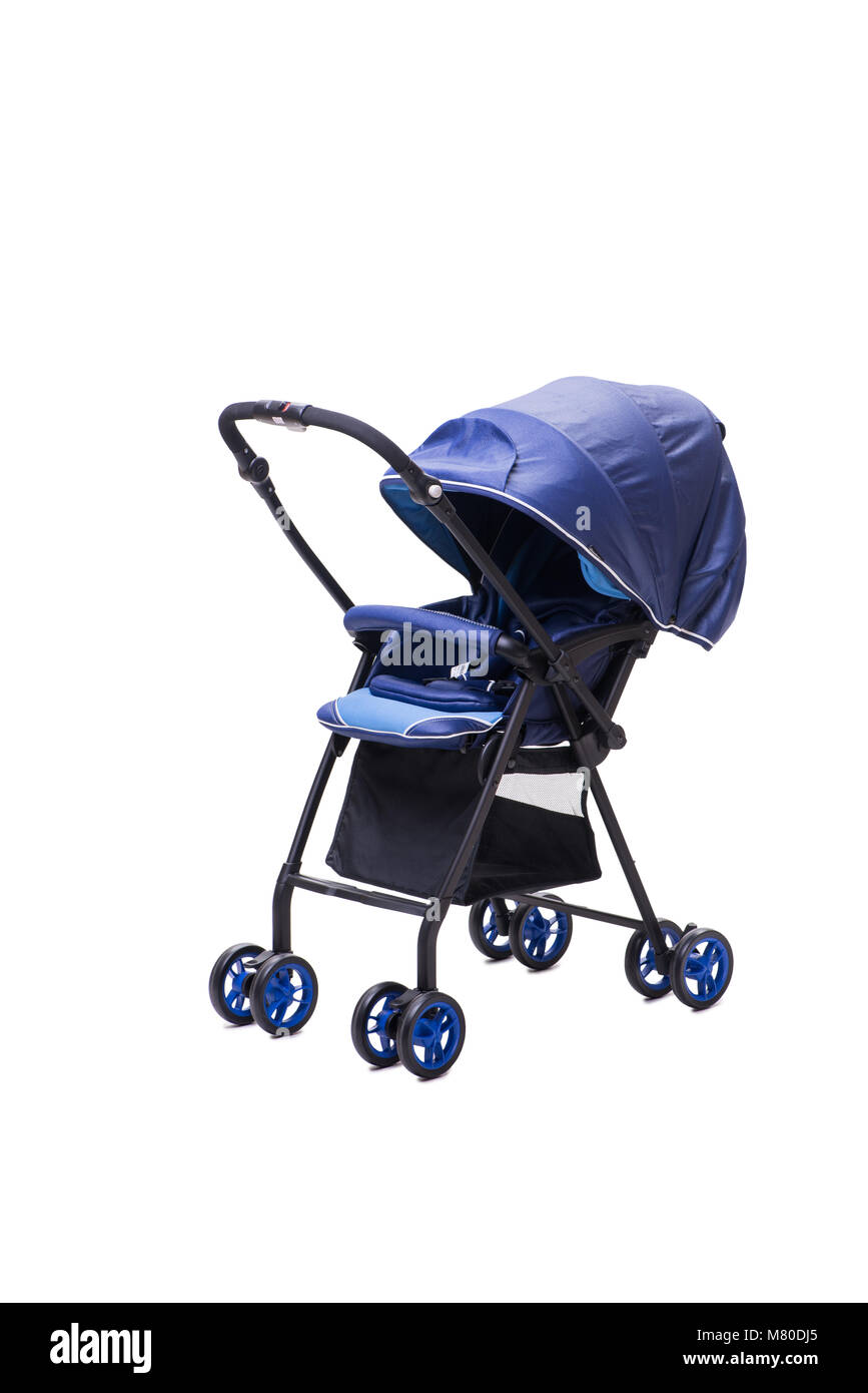Blue pushchair isolated on white background Stock Photo - Alamy