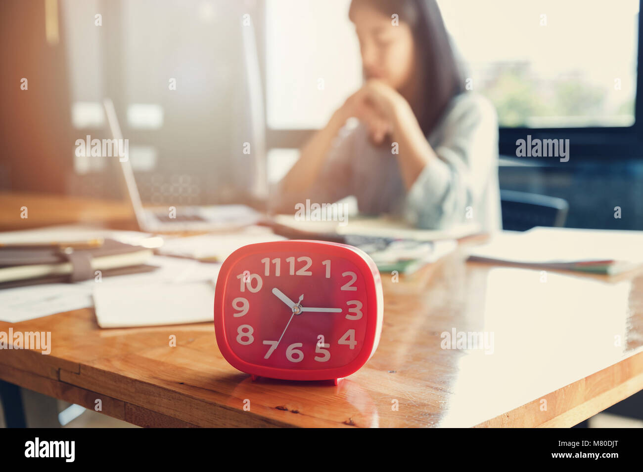 Business and finance concept of office working,Closeup Clock on office ...