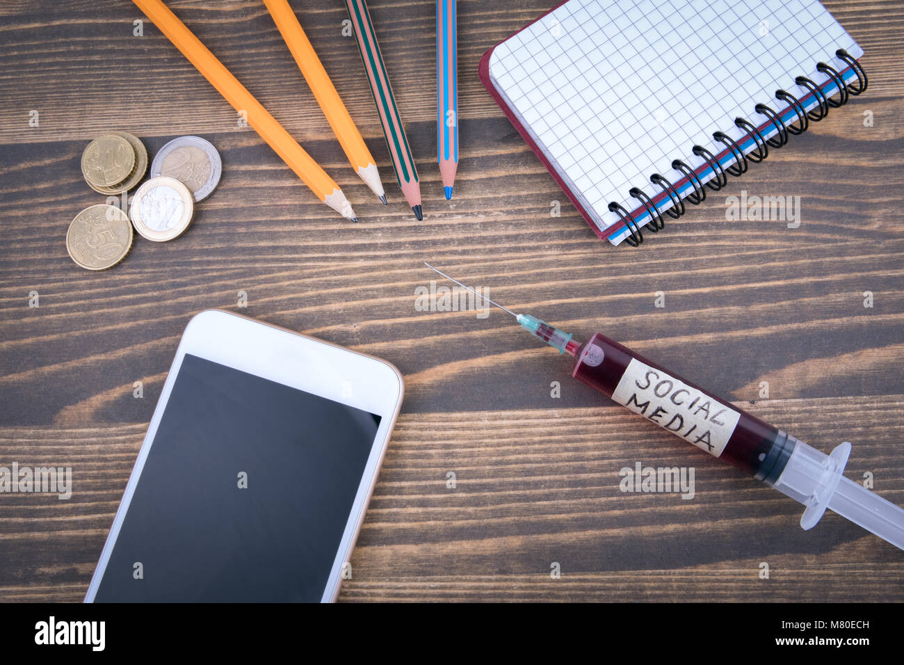 social media concept. Medicine syringe with liquid inside and ...