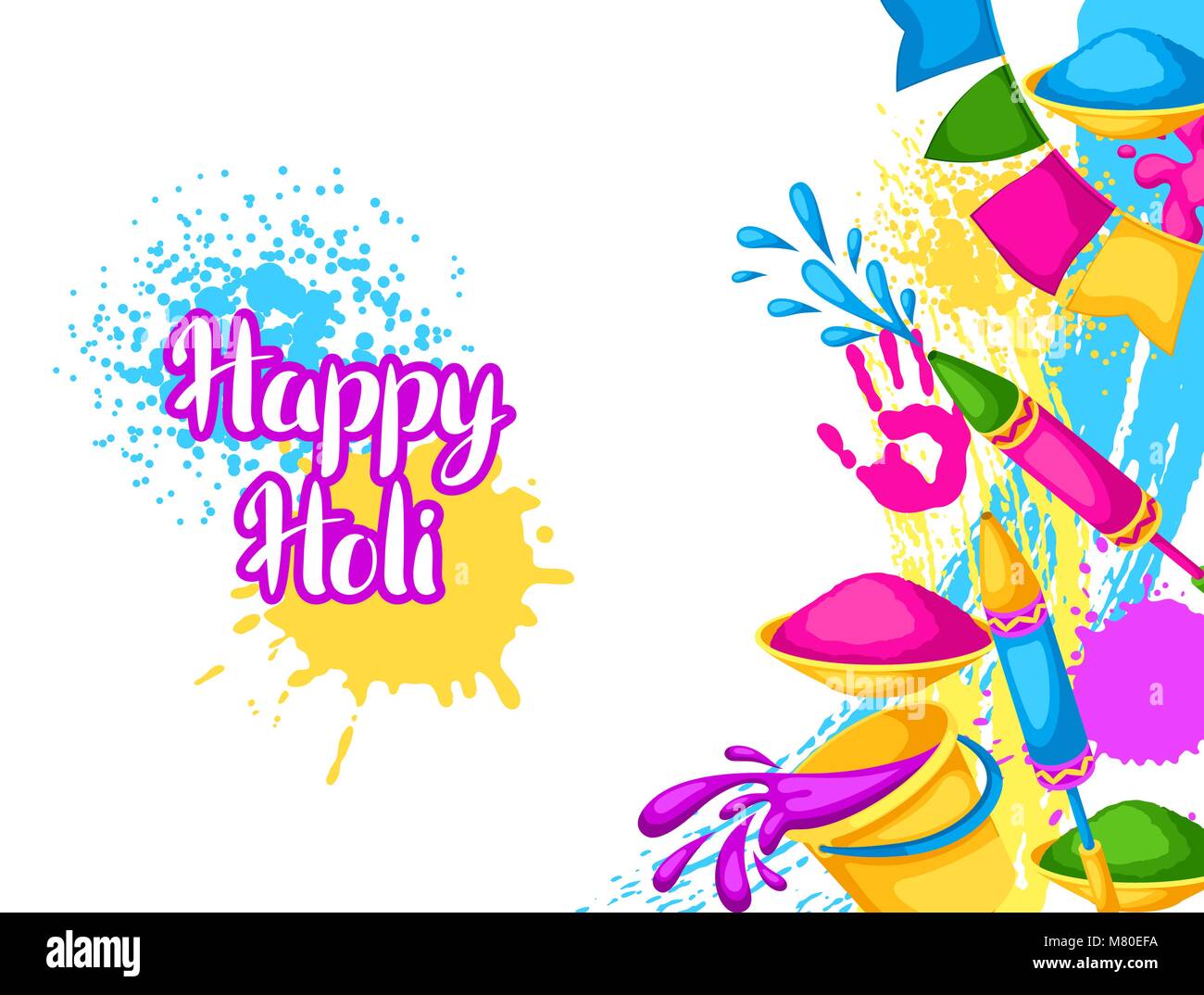 Happy Holi colorful background. Illustration of buckets with paint ...